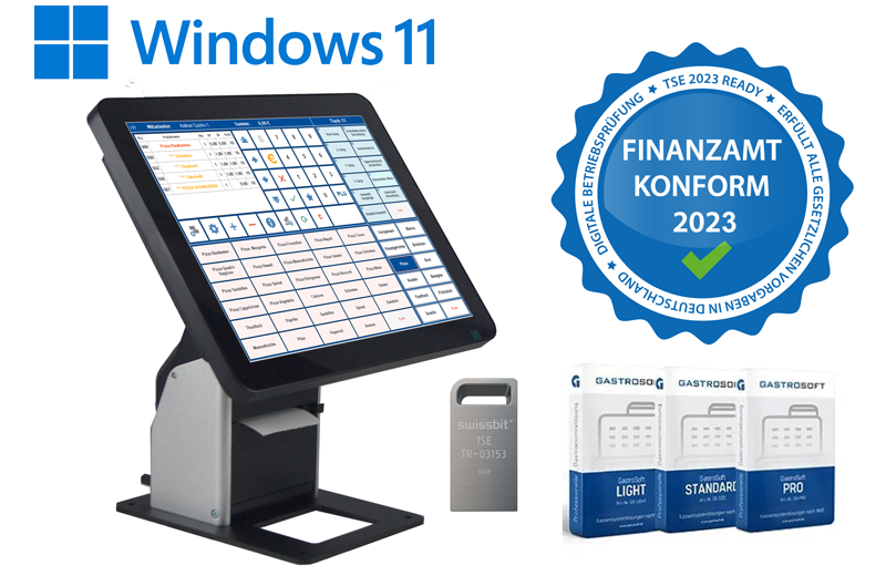 Gastro Kasse 15 Zoll Touch + eingebautem Bon + Kassensoftware GastroSoft light + TSE-Packet ...